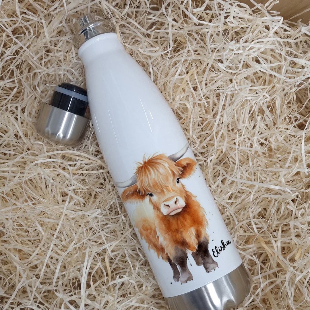 Highland Cow Water Bottle, Personalised Highland Cow, Any Name Mug With ...
