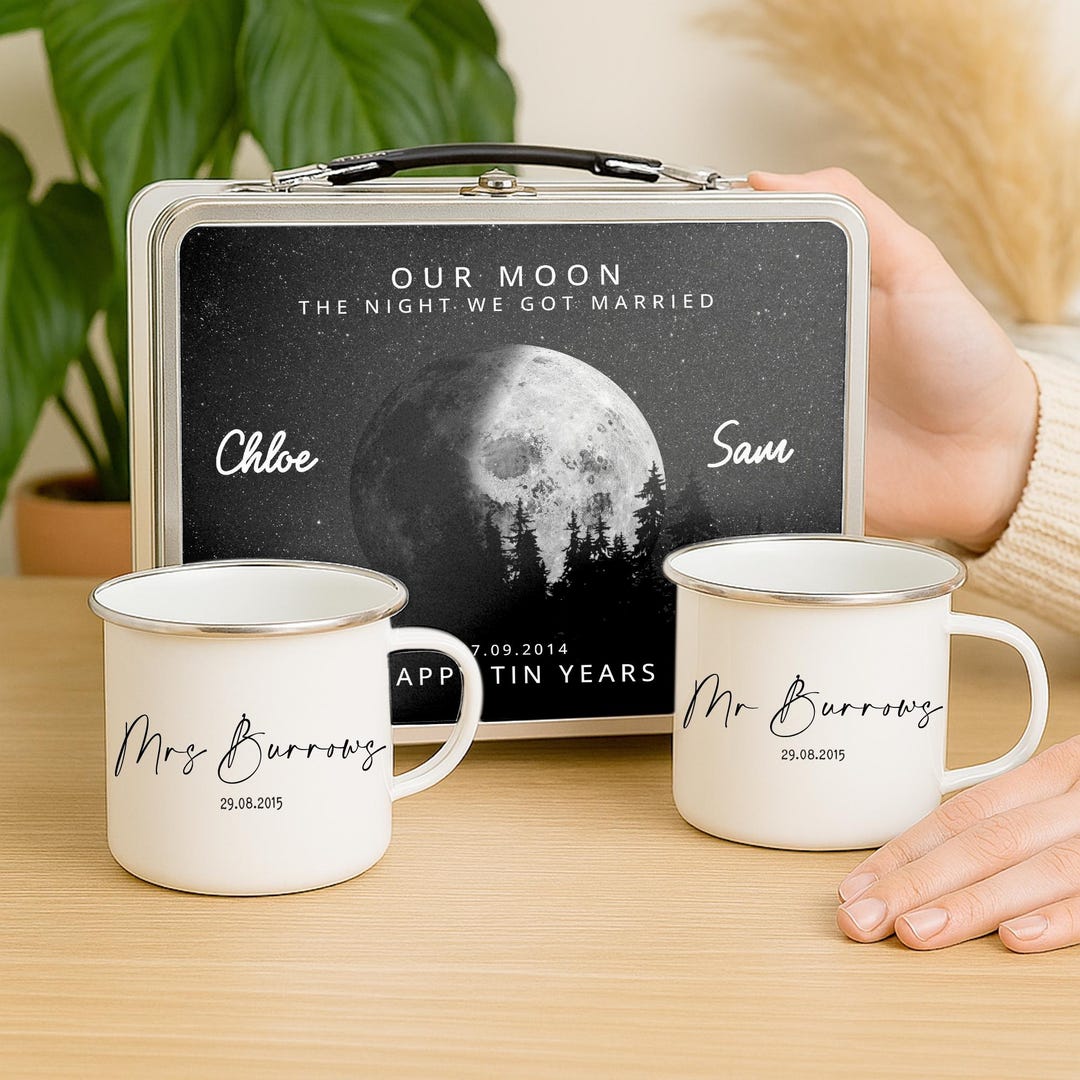 Personalised Moon Phase Tin Anniversary Gift Set, Keepsake Box & Mugs ...
