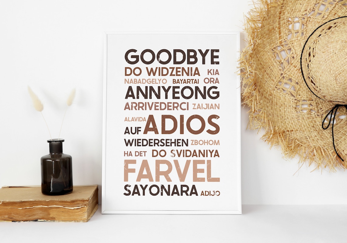 Adiós en diferentes idiomas, adiós cartel imprimible, arte de la pared ...