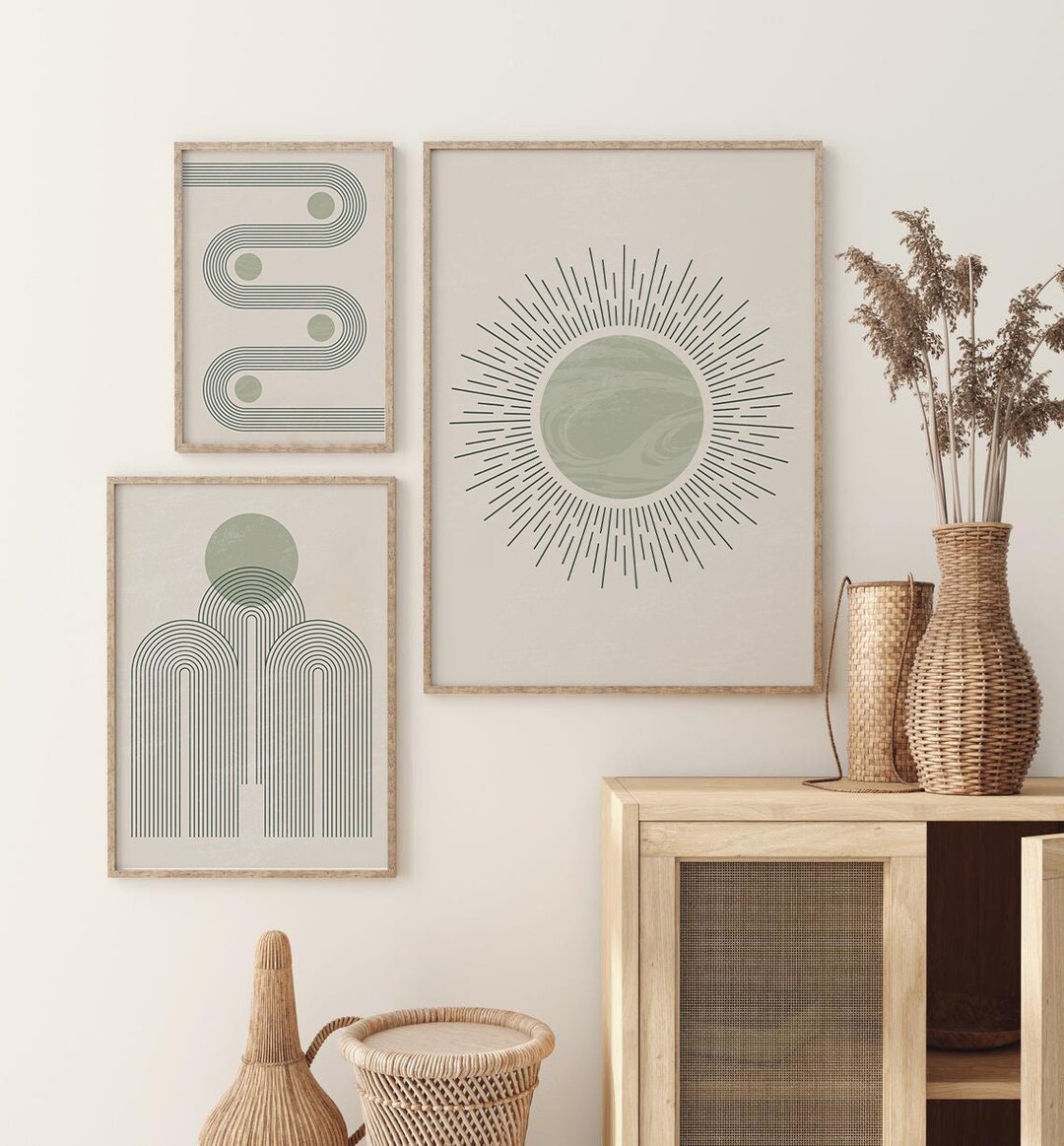 Mid Century Modern Wall Art Set of 3, Sage Green Wall Art, 3 Piece Wall ...