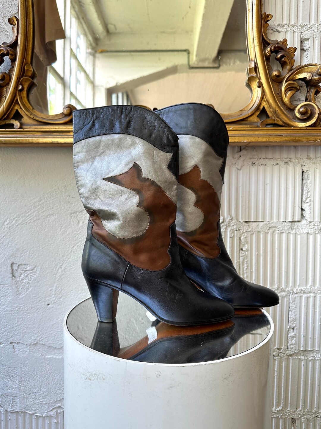 Vintage 1980s High Heel Western Boots // Patchwork Dark Grey, Silver ...
