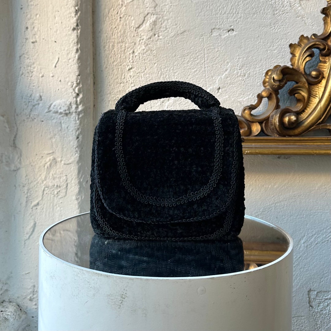 Vintage Late 1940s Black Square Mini Handbag in Black Boucle Chenille ...
