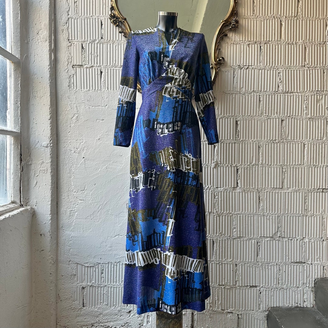 Vintage 1970s Blue Abstract Print Maxi Dress With Sparkly Lurex Thread ...