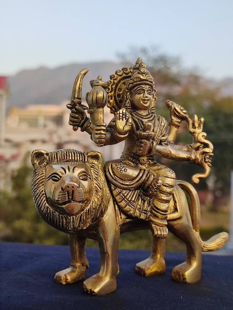 5 inch Brass Para Shakti Sitting on Lion idol for Alter and Temple puja ...