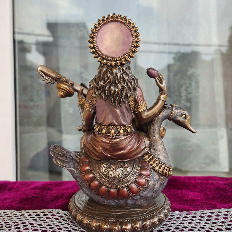 Bonded Bronze Saraswati Statue: Hindu Goddess of Knowledge on Swan (21 ...