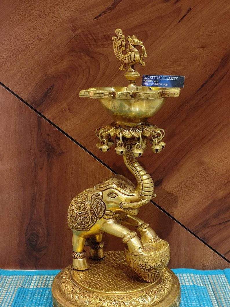 Brass Elephant Diya: 18" Temple Oil Lamp, South Indian Decor - Etsy