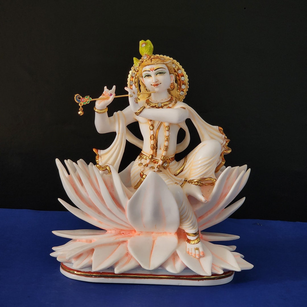 Lord Krishna Idol 10 Inch Sitting on Lotus Krishna Murti Hand Painted ...