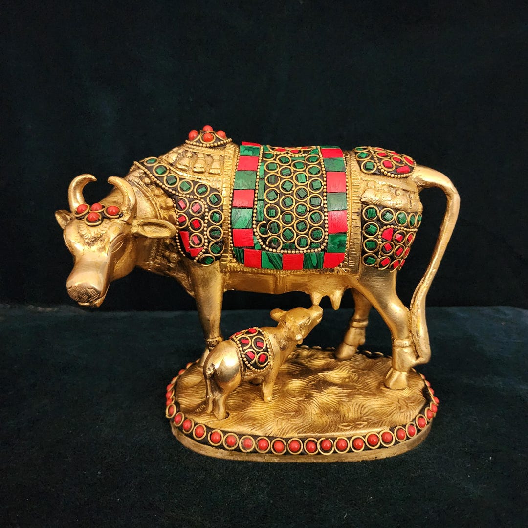 Cow Calf Statue - 5.5" Inch Stone Work Brass Cow With Baby Calf ...