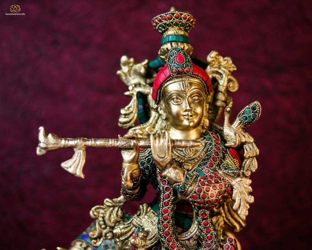 Buy Cow Krishna Statue 17 Inch Brass Krishna Idol With Gemstone Work ...