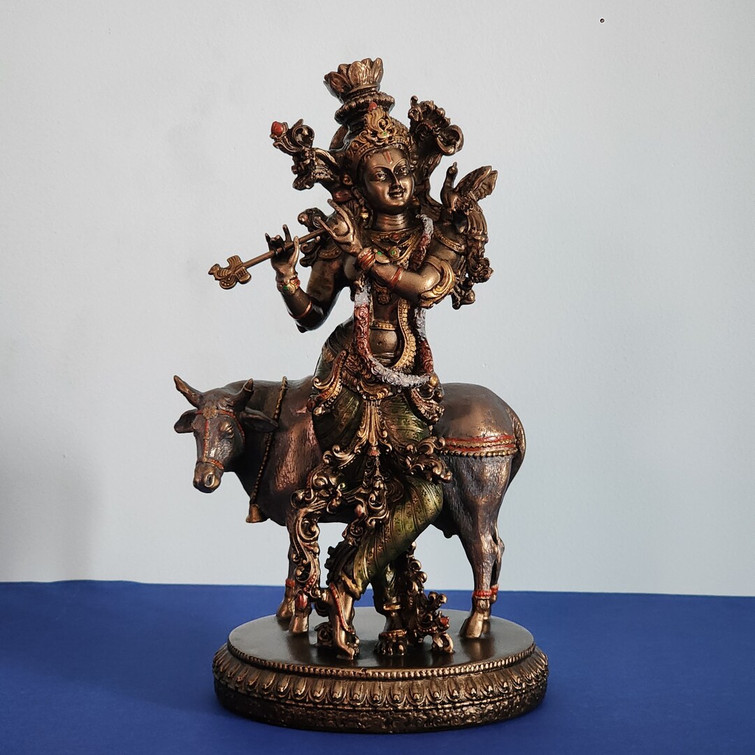 Cow Krishna Statue |10.5 Inch | Bronze Finish Krishna With Cow ...