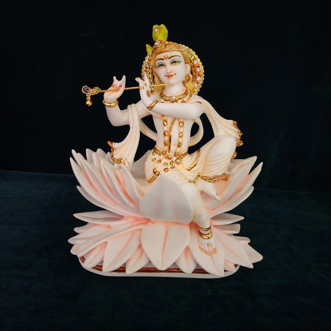 Lord Krishna Idol | 10" Inch | Sitting on Lotus Krishna Murti | Hand ...