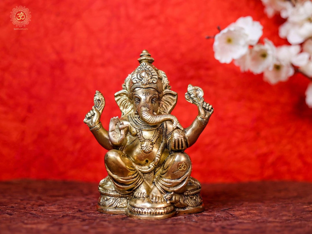 Ganesha Statue 7 Inch Good Luck God Ganesha Figurine Brass Ganpati Idol ...