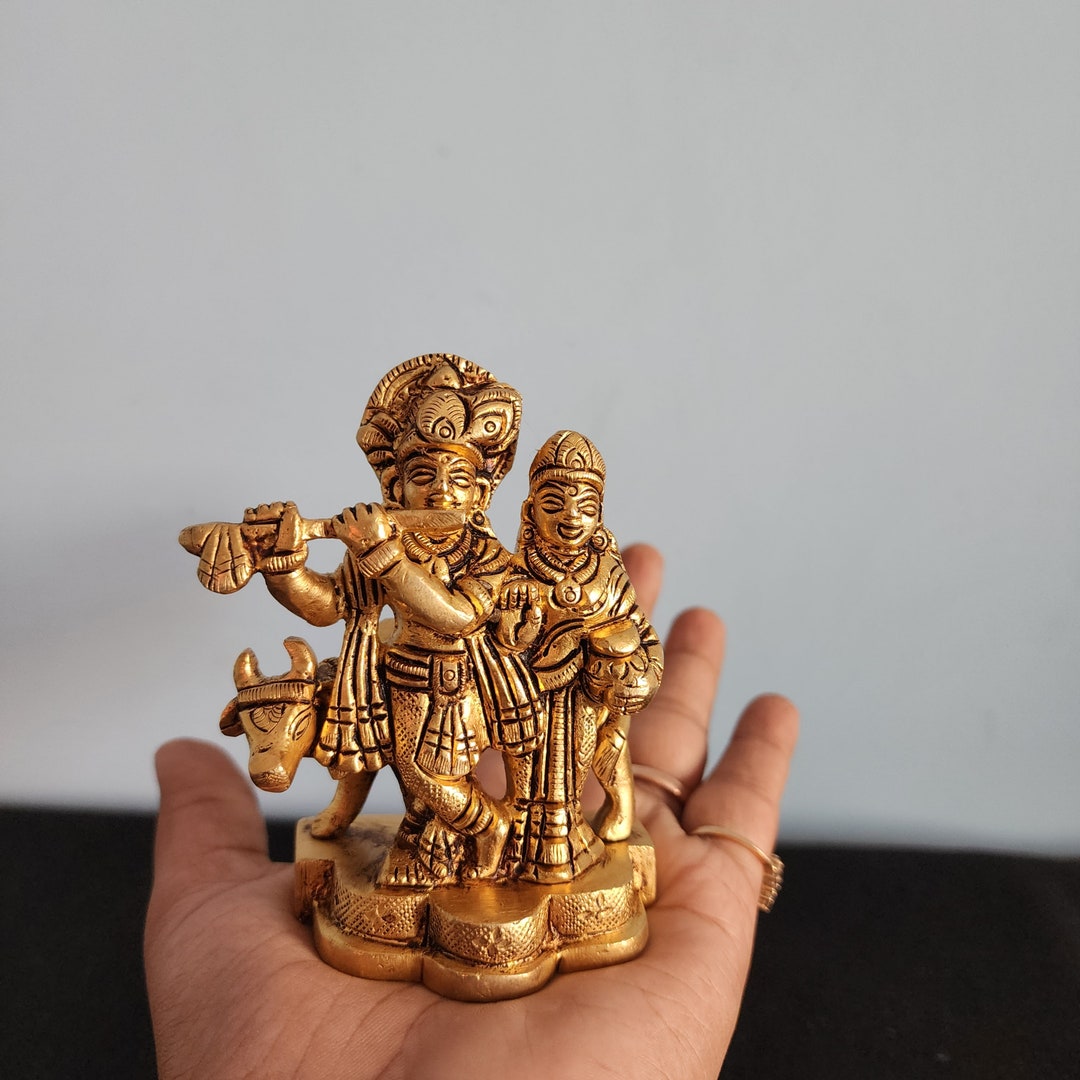 Radha Krishna Cow Statue 4 Inch Flute Krishna Statue , Brass Standing ...