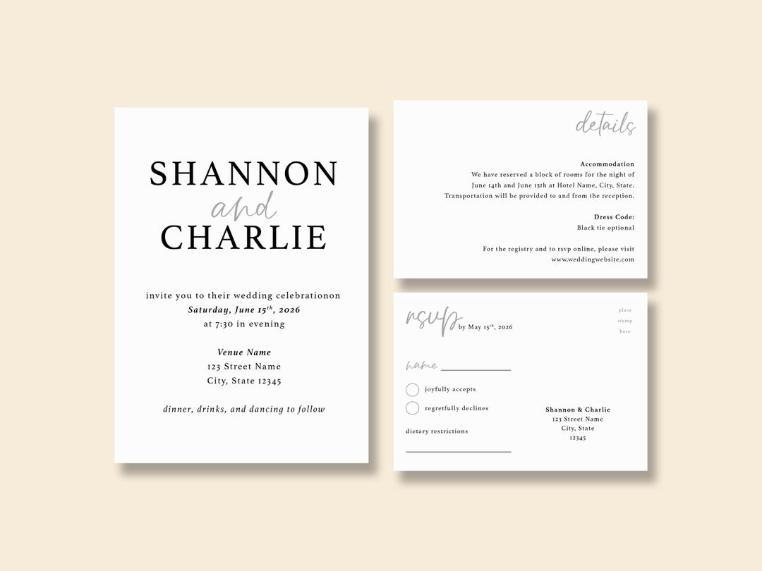 NORA | Printed Wedding Invitation Suite – A7 Modern Minimalist Invite ...
