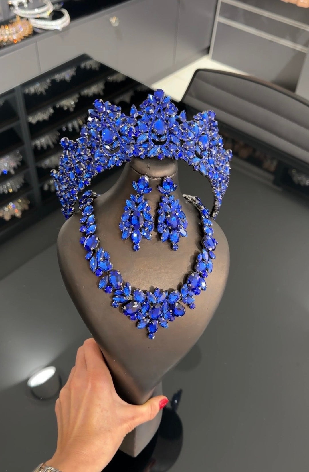 Royal Blue Quinceanera Crown With Necklace Earrings Set, Crystal Bridal ...