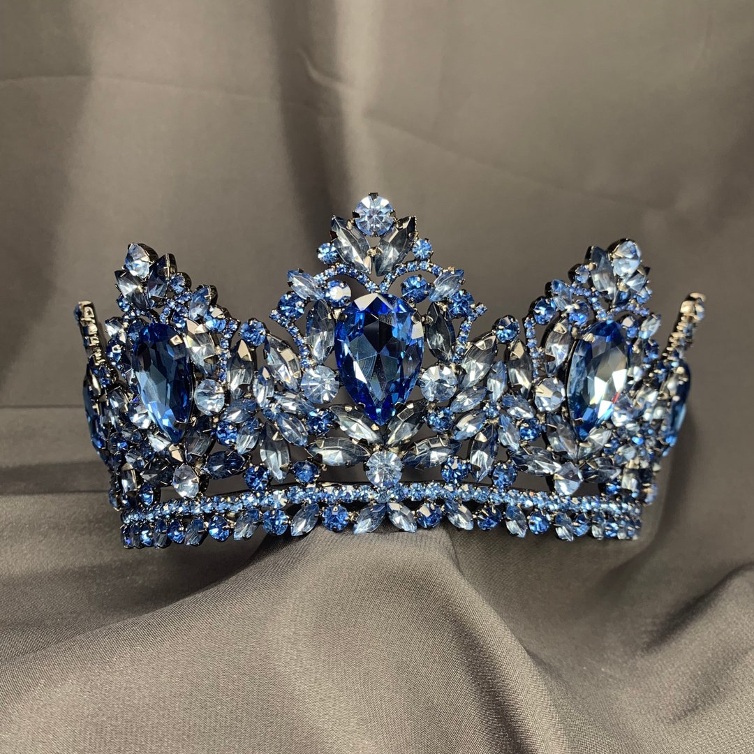 Blue Crystal Hair Accessory,rhinestone Wedding Tiara,gold Blue Wedding ...