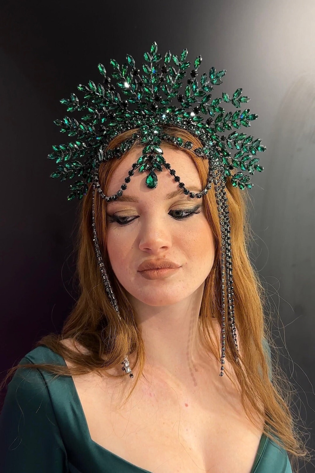 Quinceanera Crown With Hand Accessory, Crystal Bridal Tiara, Emerald ...