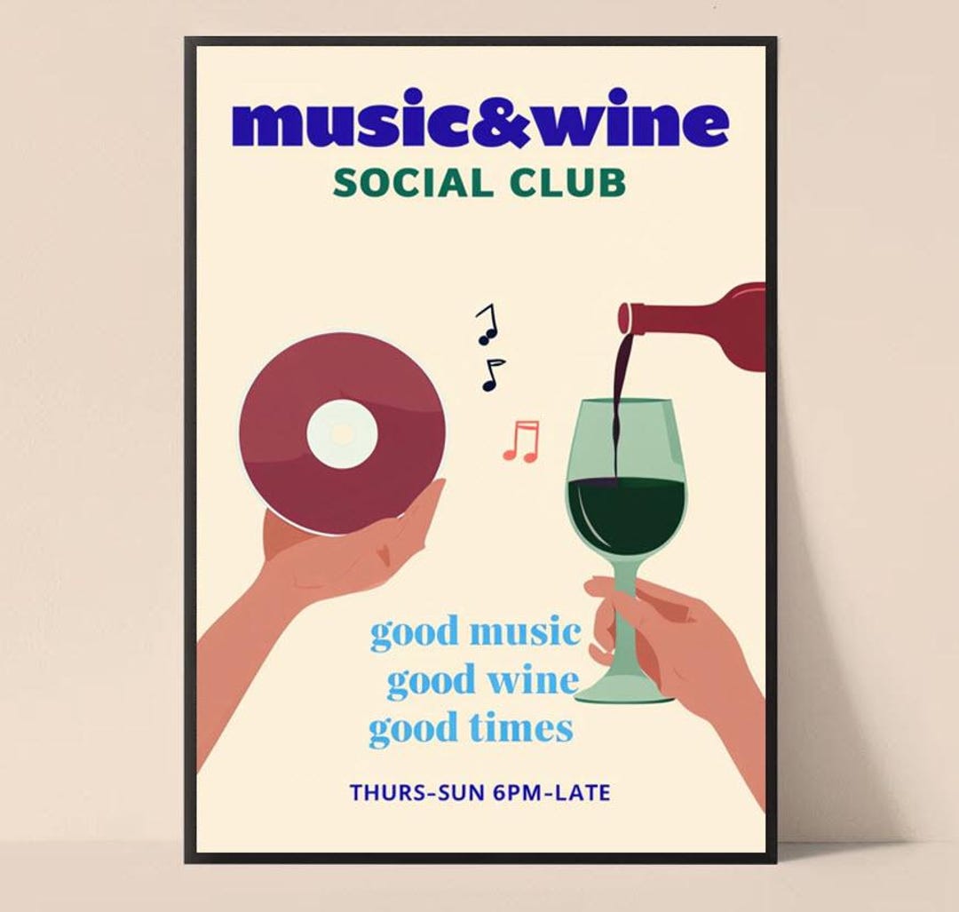 Retro Music & Wine Social Club Poster: Hand-drawn Kitchen Art (A4) - Etsy