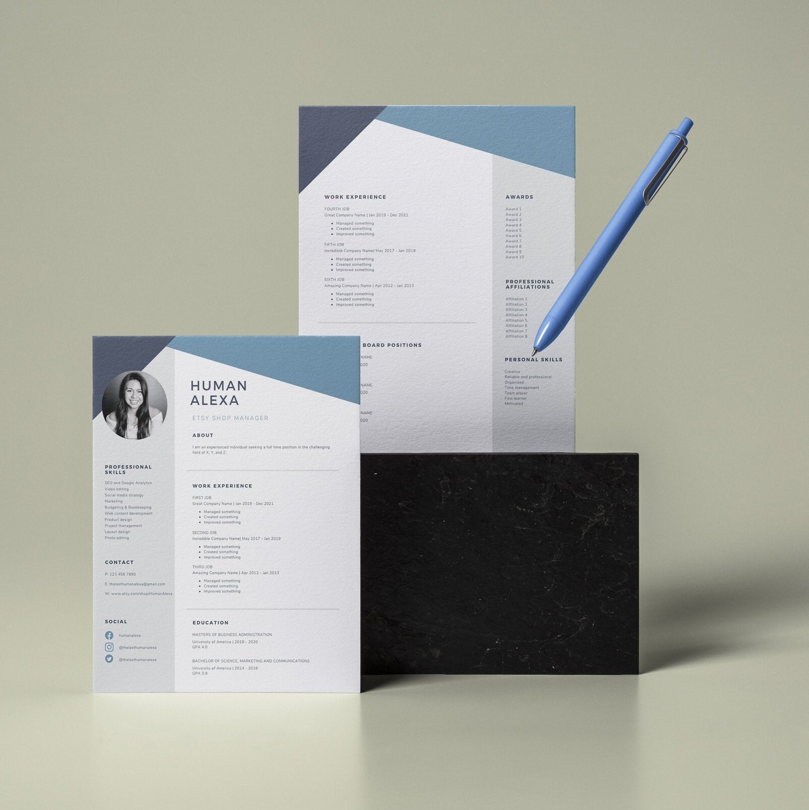 Blue & Gray 2-page Modern Resume Template for Canva - Etsy