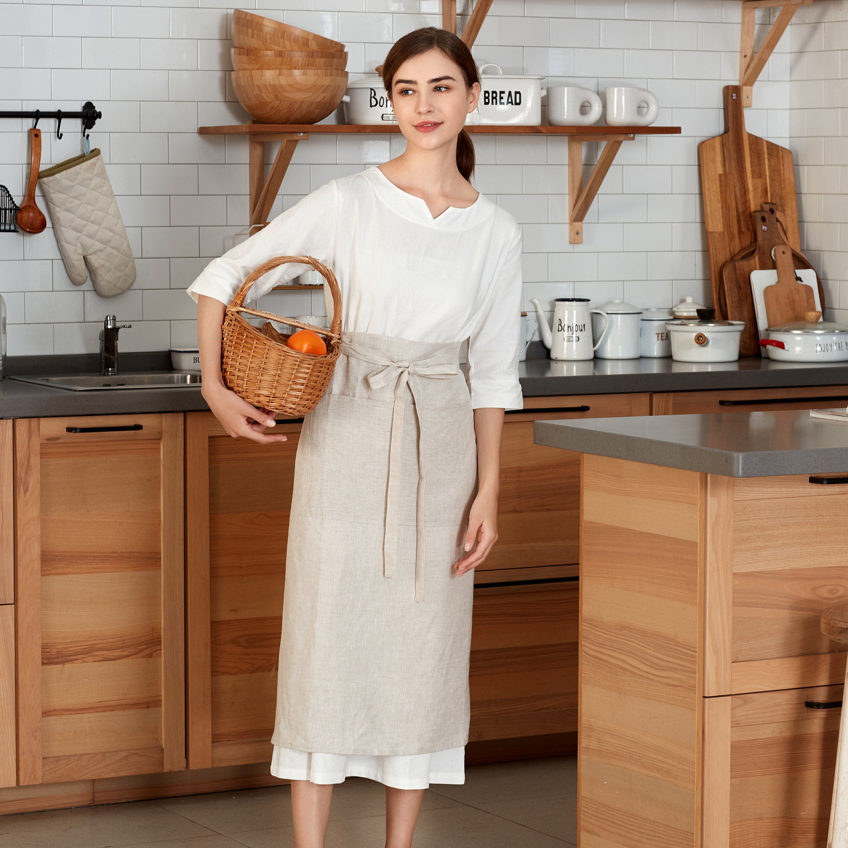 Linen Half Apron, Midi Cafe Apron, Half Apron With Pockets, Unisex Half ...