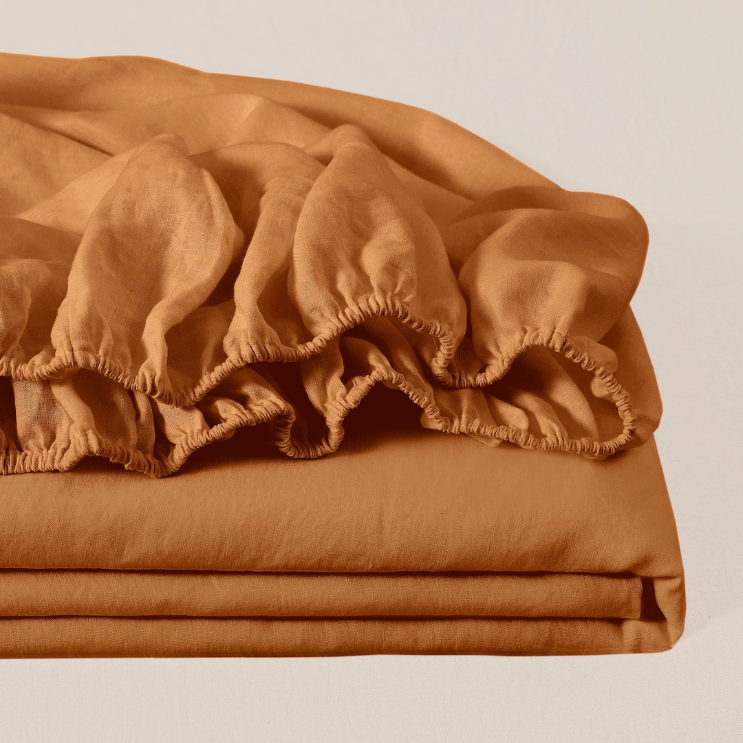 Rust Pure Linen Fitted Sheet, Linen Bedding Fitted Sheet Cozy, Linen ...