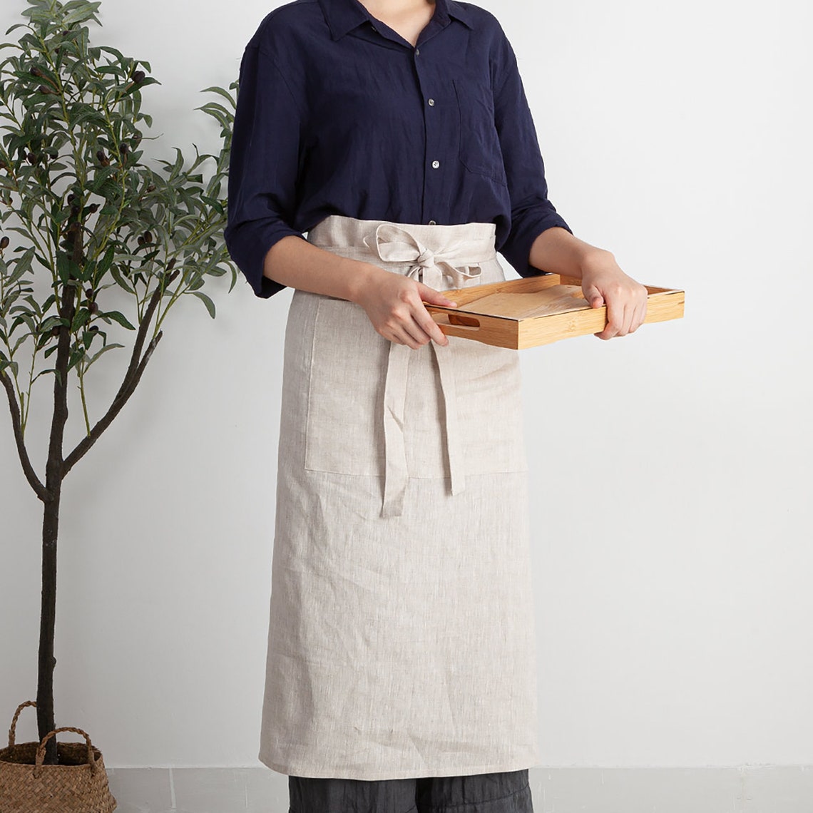 Linen Half Apron Midi Cafe Apron Half Apron With Pockets | Etsy
