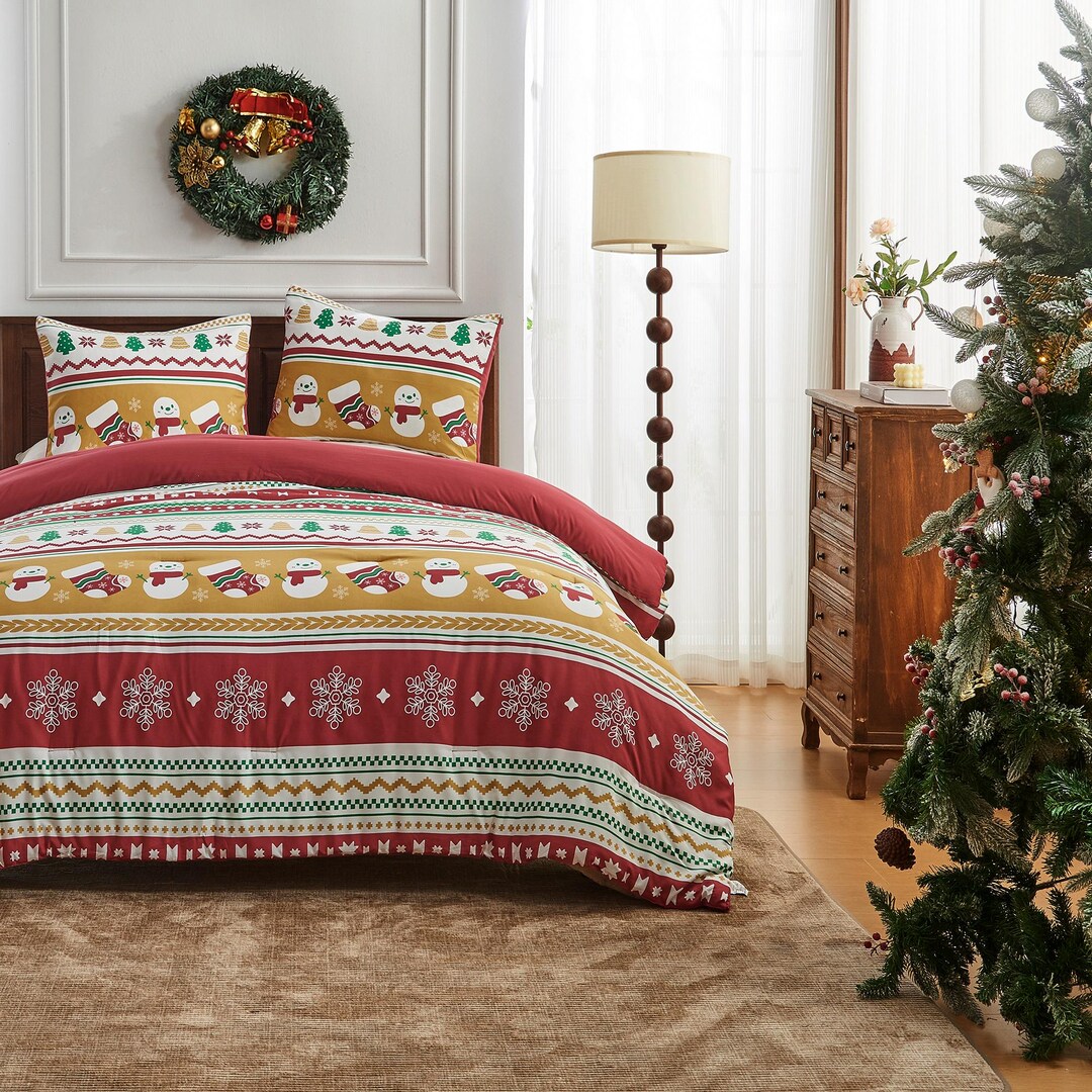 4 Piece Christmas Comforter Set, Christmas Fluffy Red Striped Bedding ...
