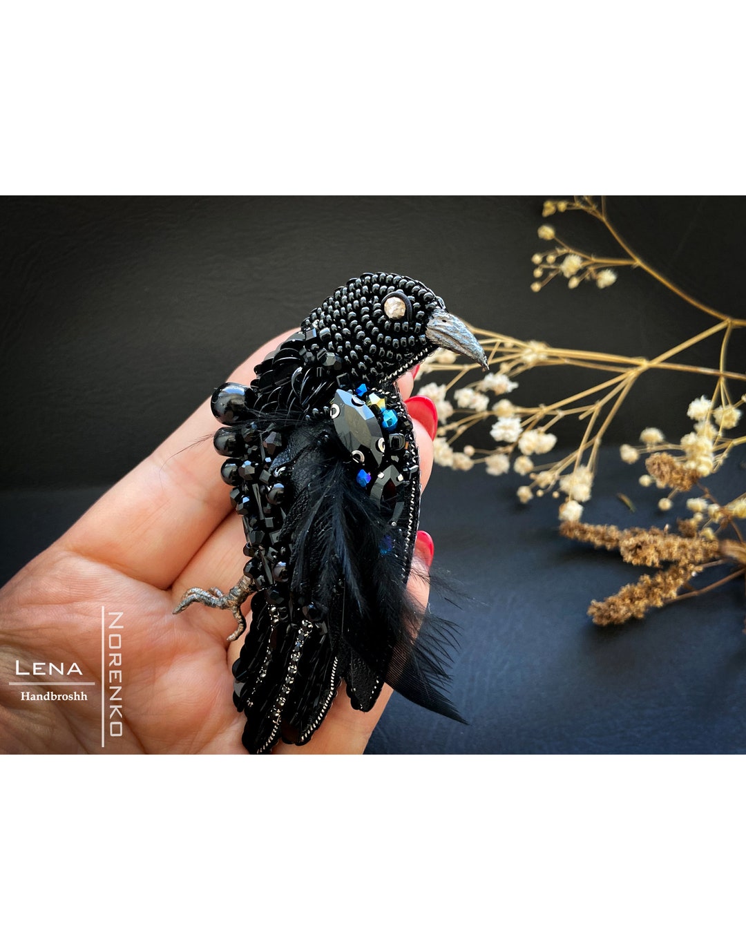 Raven Beaded Brooch Pin, Black Bird Jewelry, Fine Jewelry, Statement ...