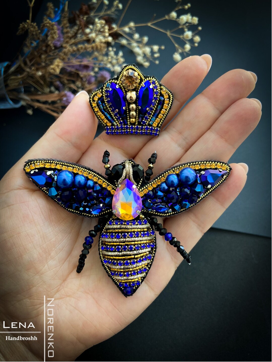 Royal Blue Queen Bee Jewelry Glass Beaded Insect Brooch Handmade Bead ...