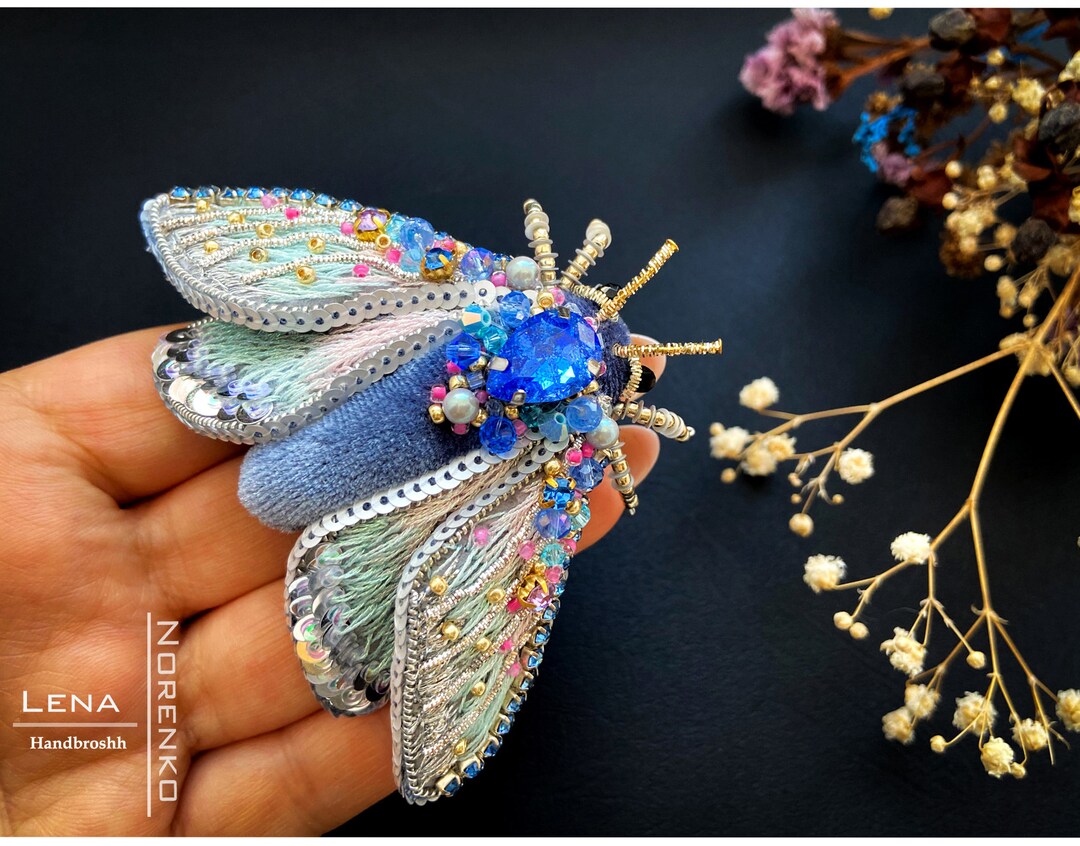 Moth Pin Brooch Handmade Beaded Blue Insect Jewelry Embroidery Seed ...