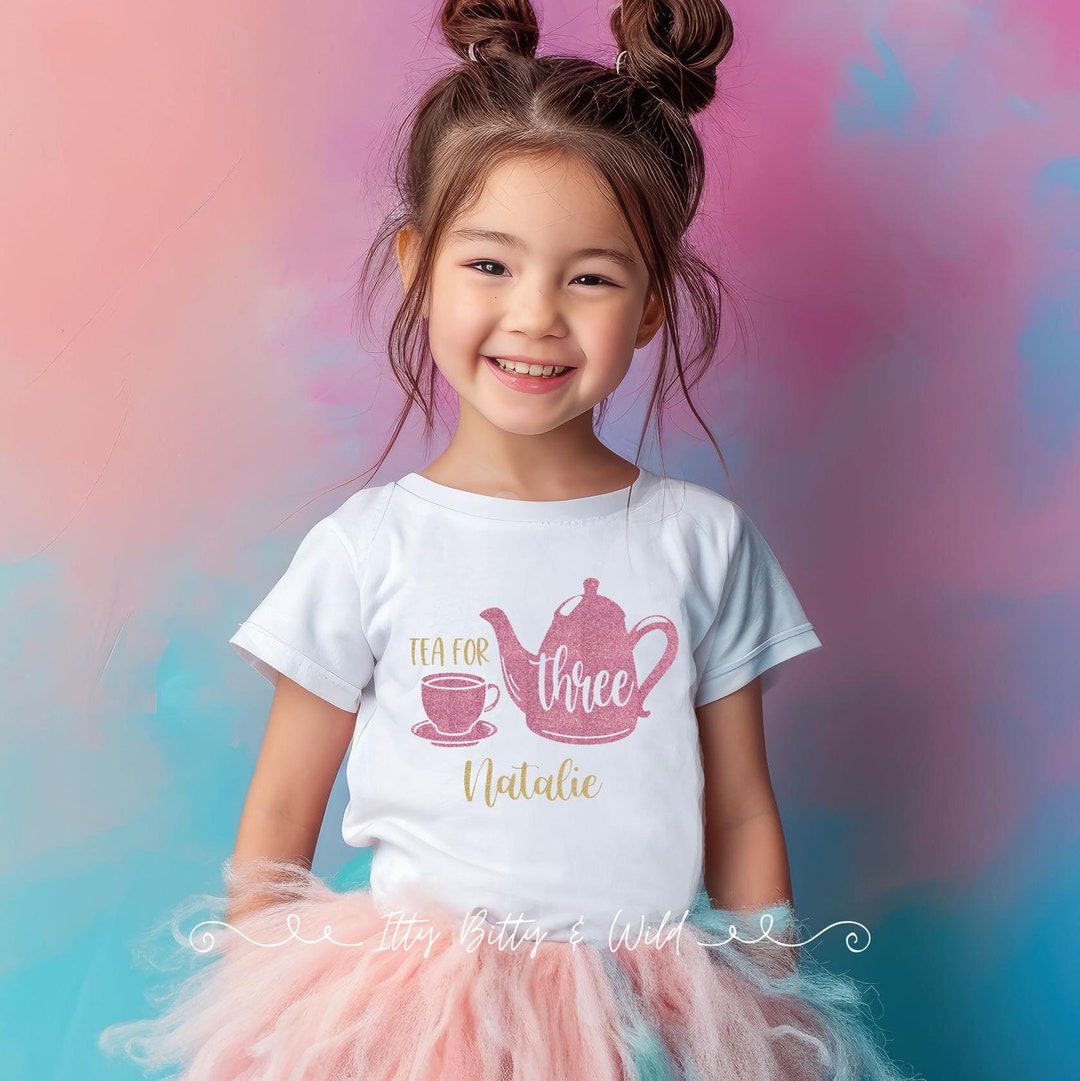 Tea for Three Third Birthday Shirt for Girl, Tea Party 3rd Birthday T-shirt, Personalized Name ...