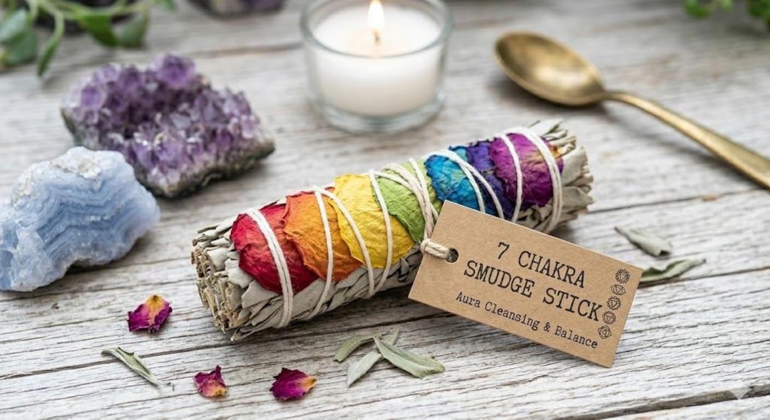 7 Chakra Smudge Stick- White Sage, Rose Petals, Aura Cleansing ...