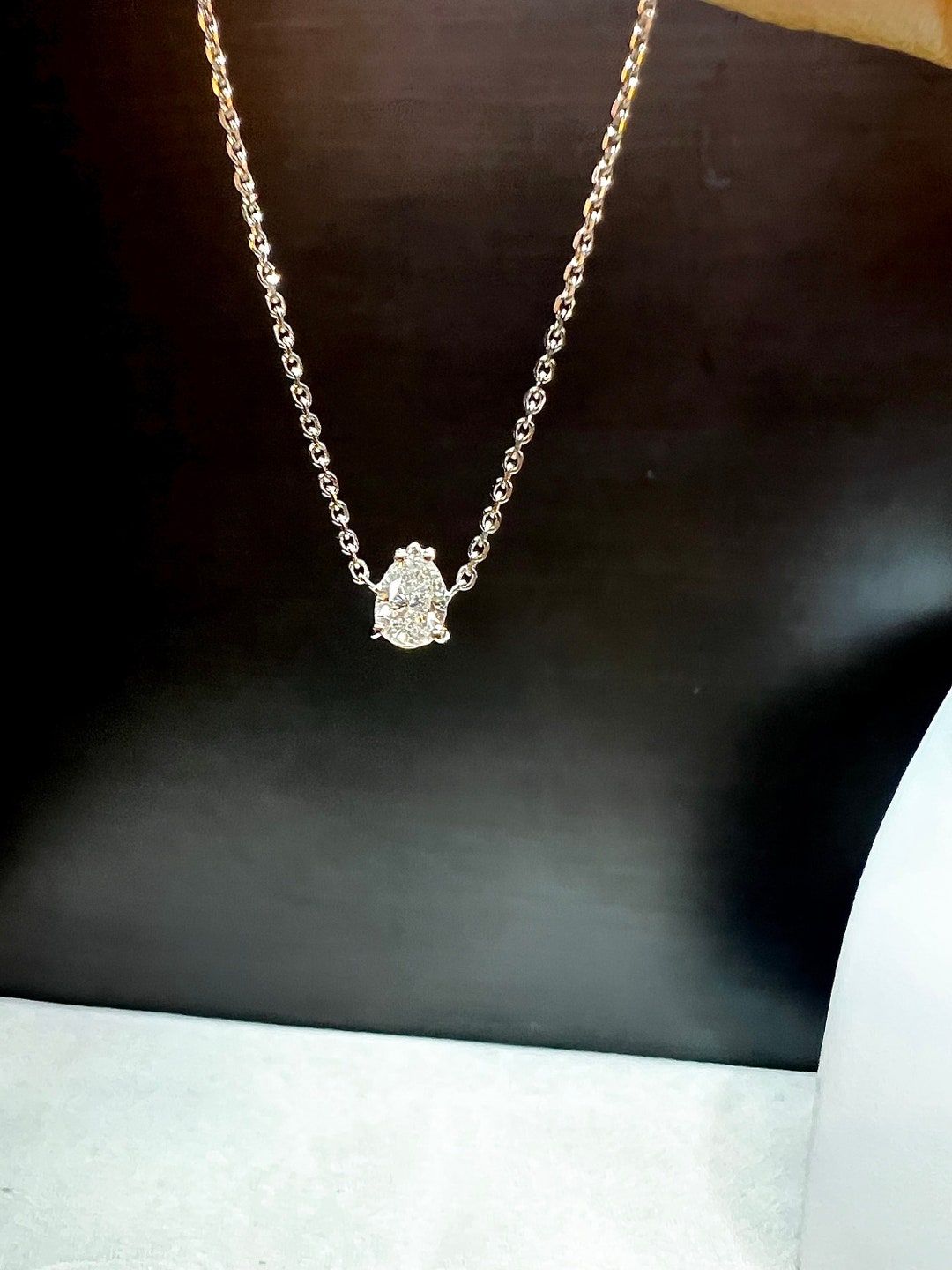 14K Pear Shape Diamond Necklace / Pear Diamond Prong Set Necklace / 14K ...