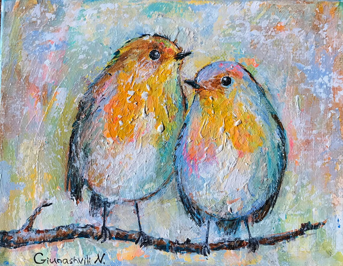 Birds Art Two Robin Birds on a Branch Couple Gifts ORIGINAL - Etsy