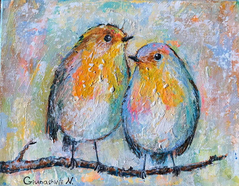 Birds Art Two Robin Birds on a Branch Couple Gifts ORIGINAL - Etsy