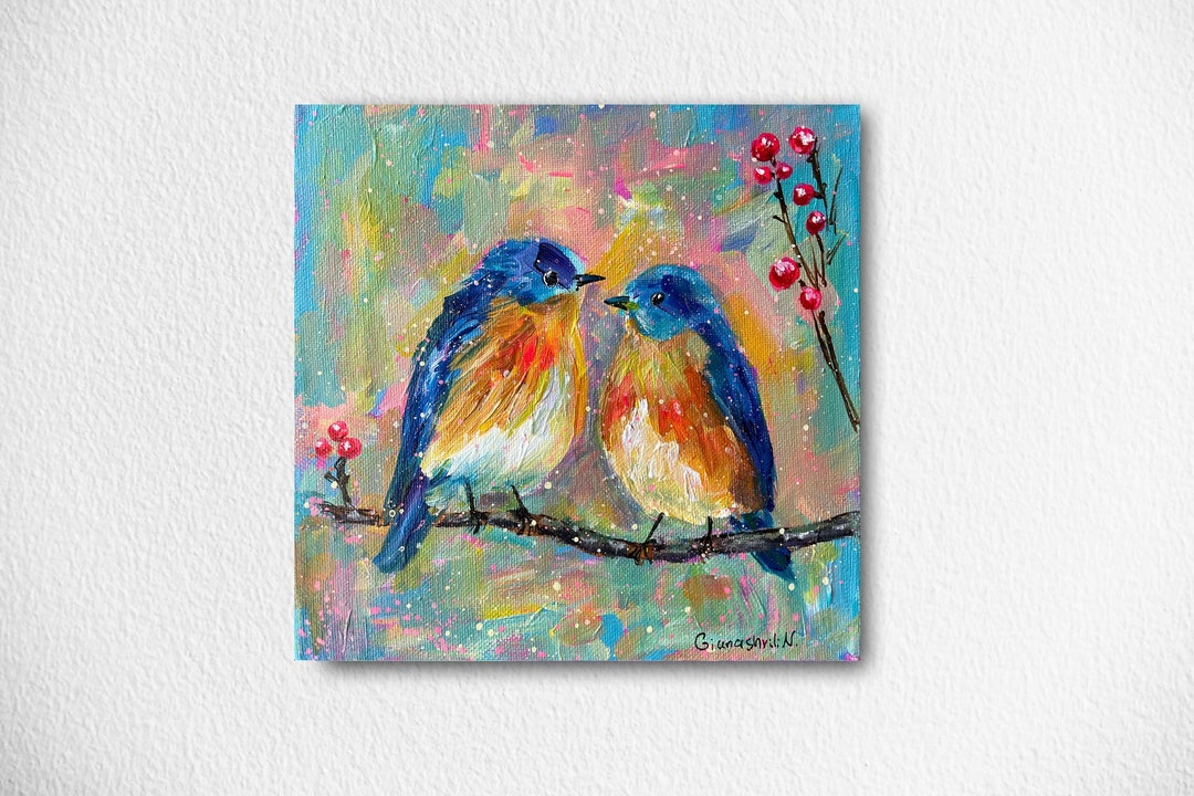Blue Bird Painting, Original Art, Blue Birds Couple on a Branch ...