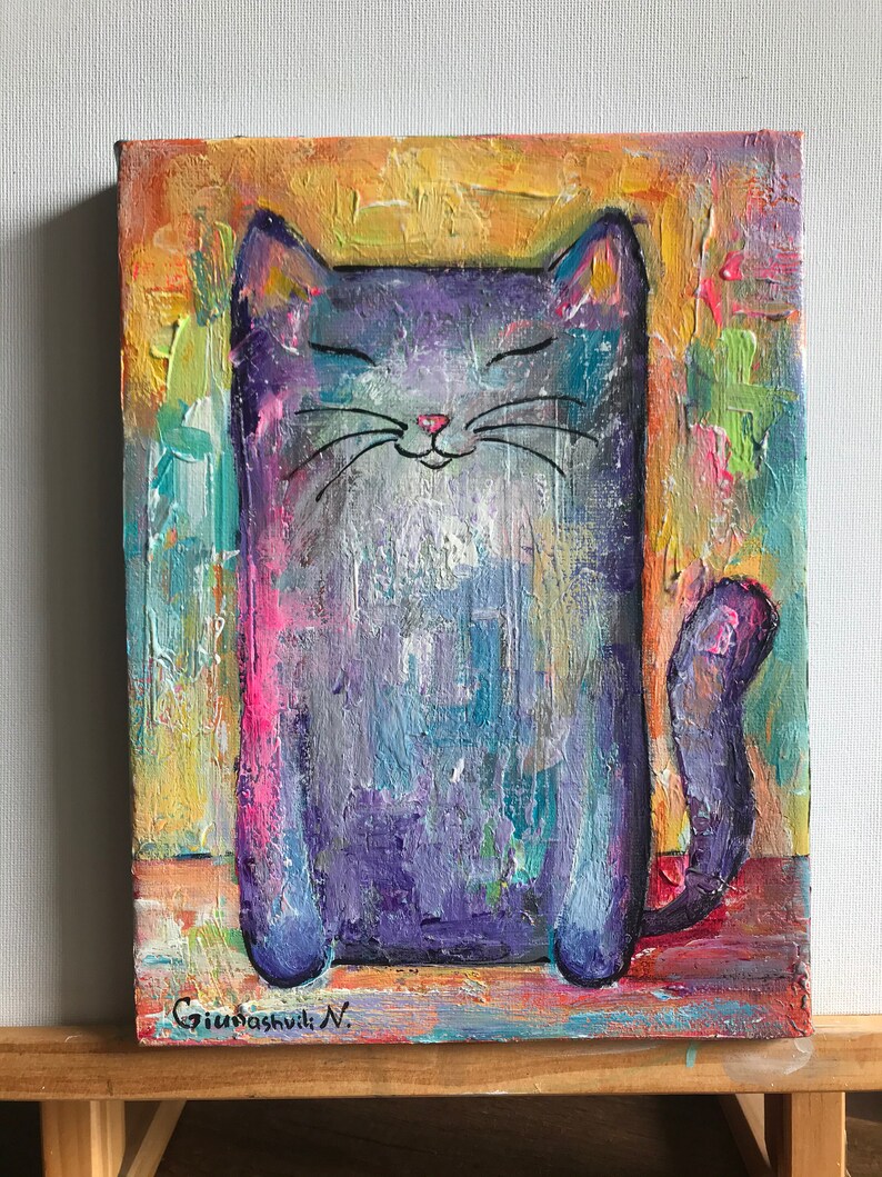 Original Cat Painting Acrylic Artwork on Canvas Gray Cat Small - Etsy