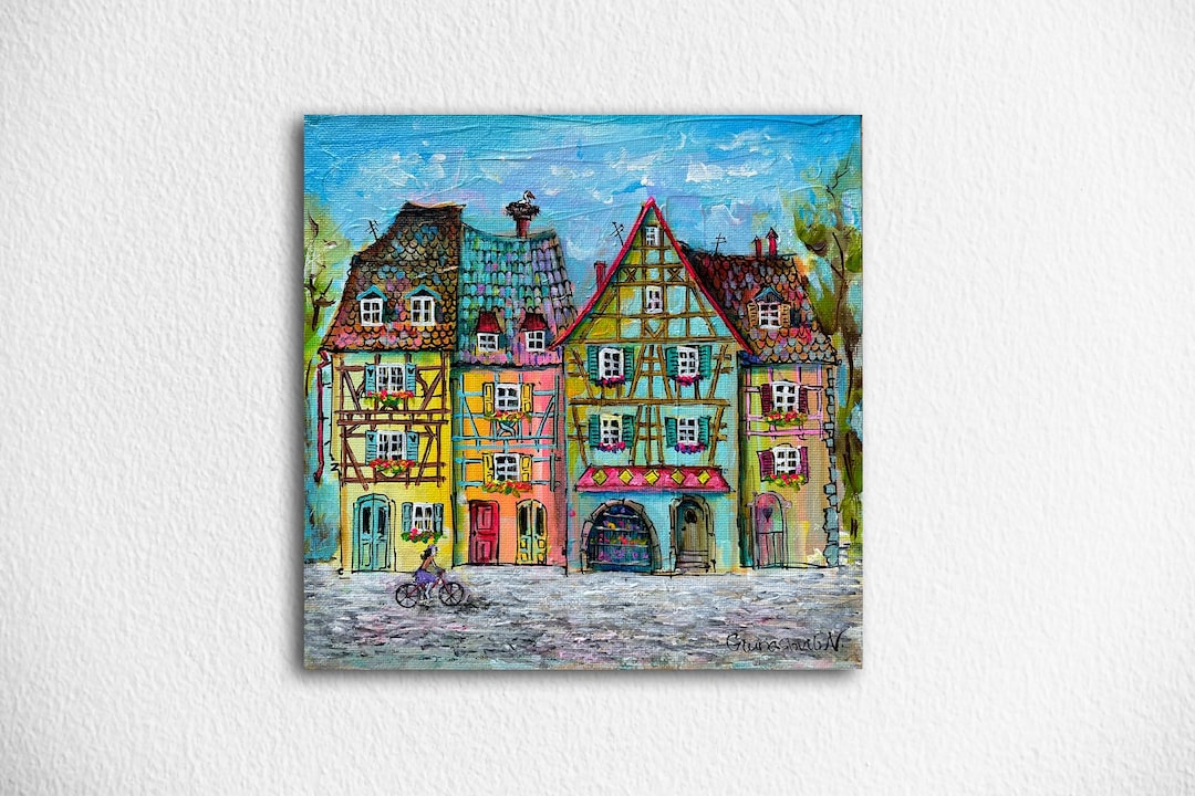 Charming European Townscape Original Acrylic Painting Vibrant Street ...