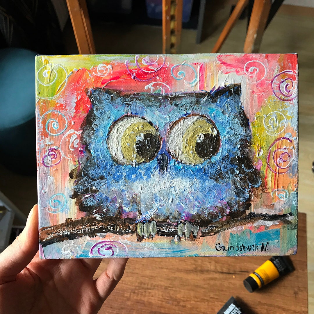 Baby Owl Painting Animal Wall Art Original Acrylic Artwork on Canvas ...