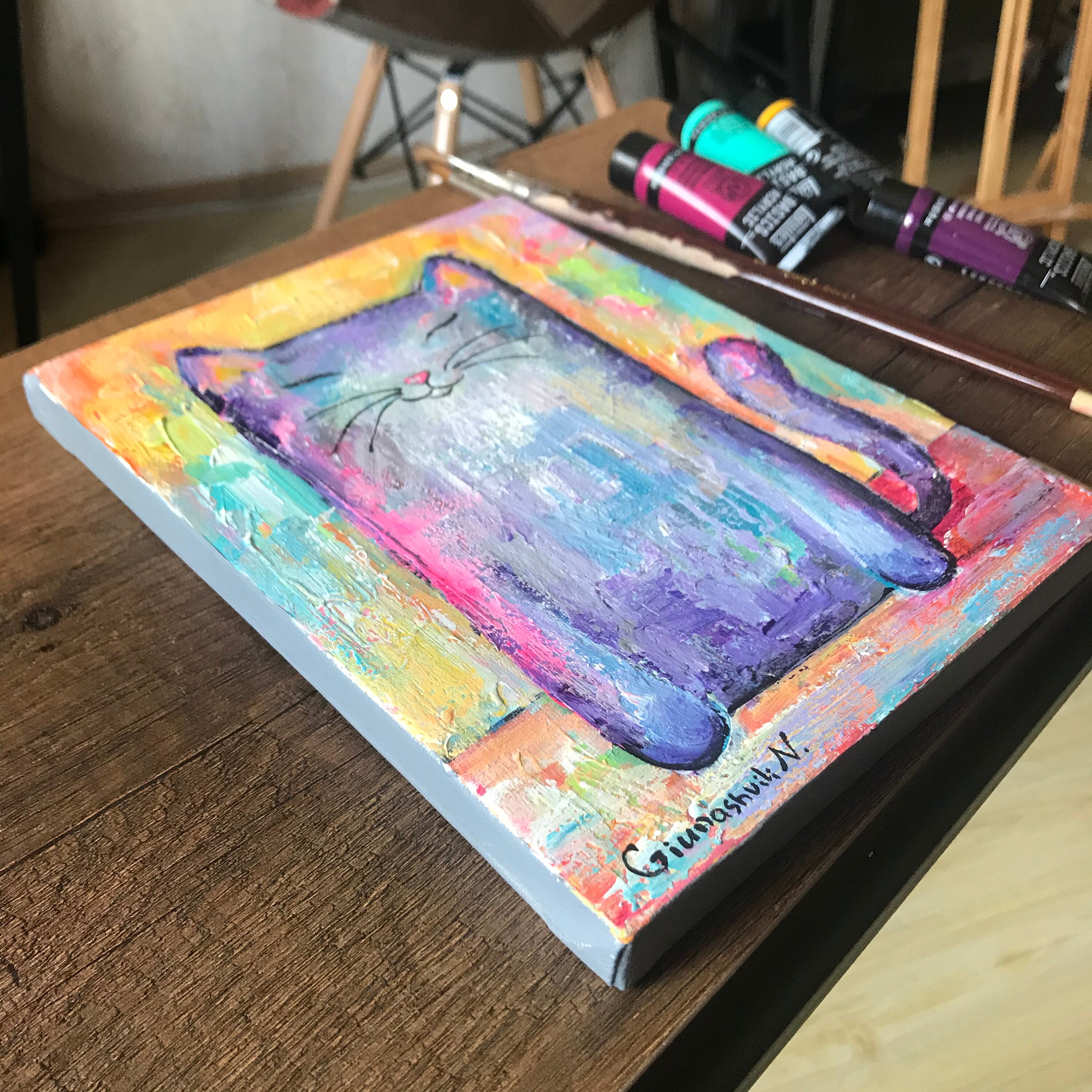 Original Cat Painting Acrylic Artwork on Canvas Gray Cat Small - Etsy