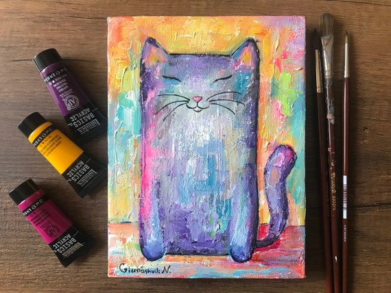 Original Cat Painting Acrylic Artwork on Canvas Gray Cat Small - Etsy