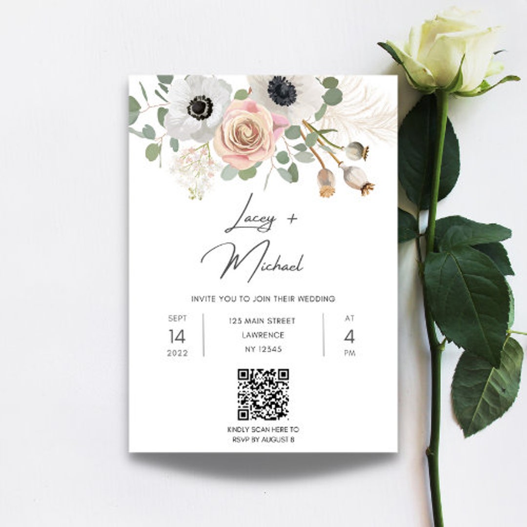 QR Code Wedding Invitation RSVP Online Modern Floral - Etsy