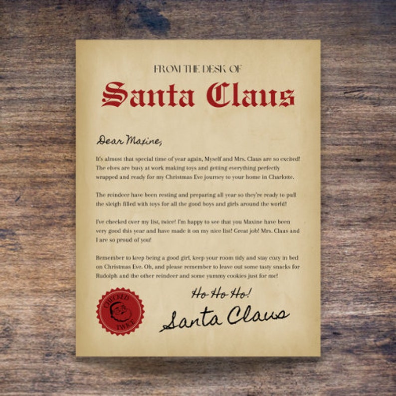 Letter From Santa Nice List Certificate Christmas Santa Letter Editable ...