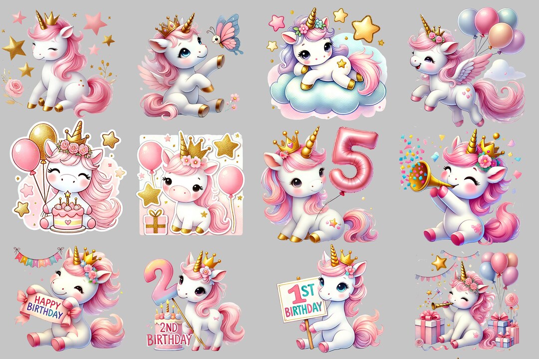 31 Watercolor Cute Baby Unicorn Birthday Party PNG Bundle Baby Unicorn ...