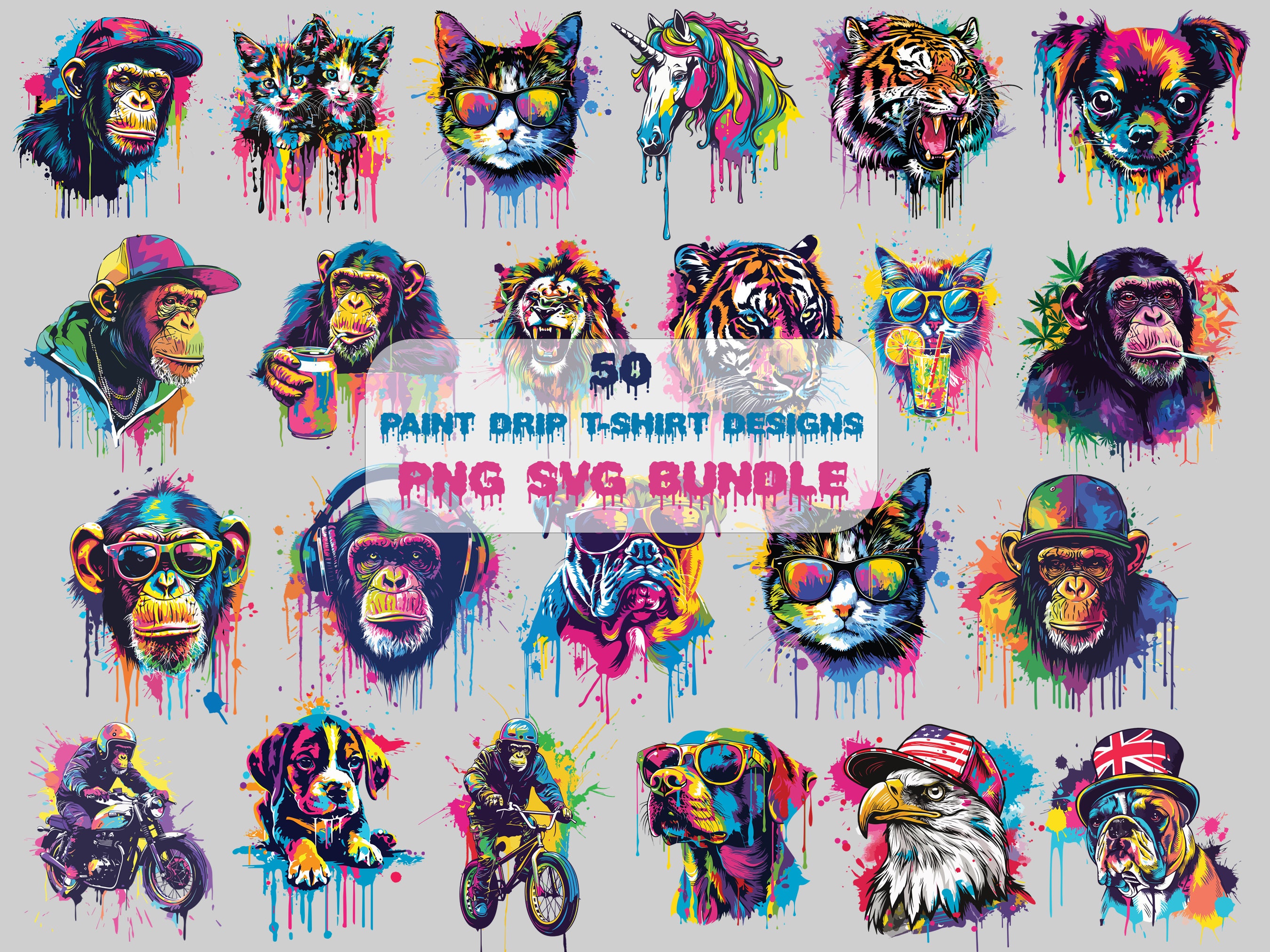 50 Cool Colorful Color Drip Animal T-shirt Designs PNG SVG Bundle ...