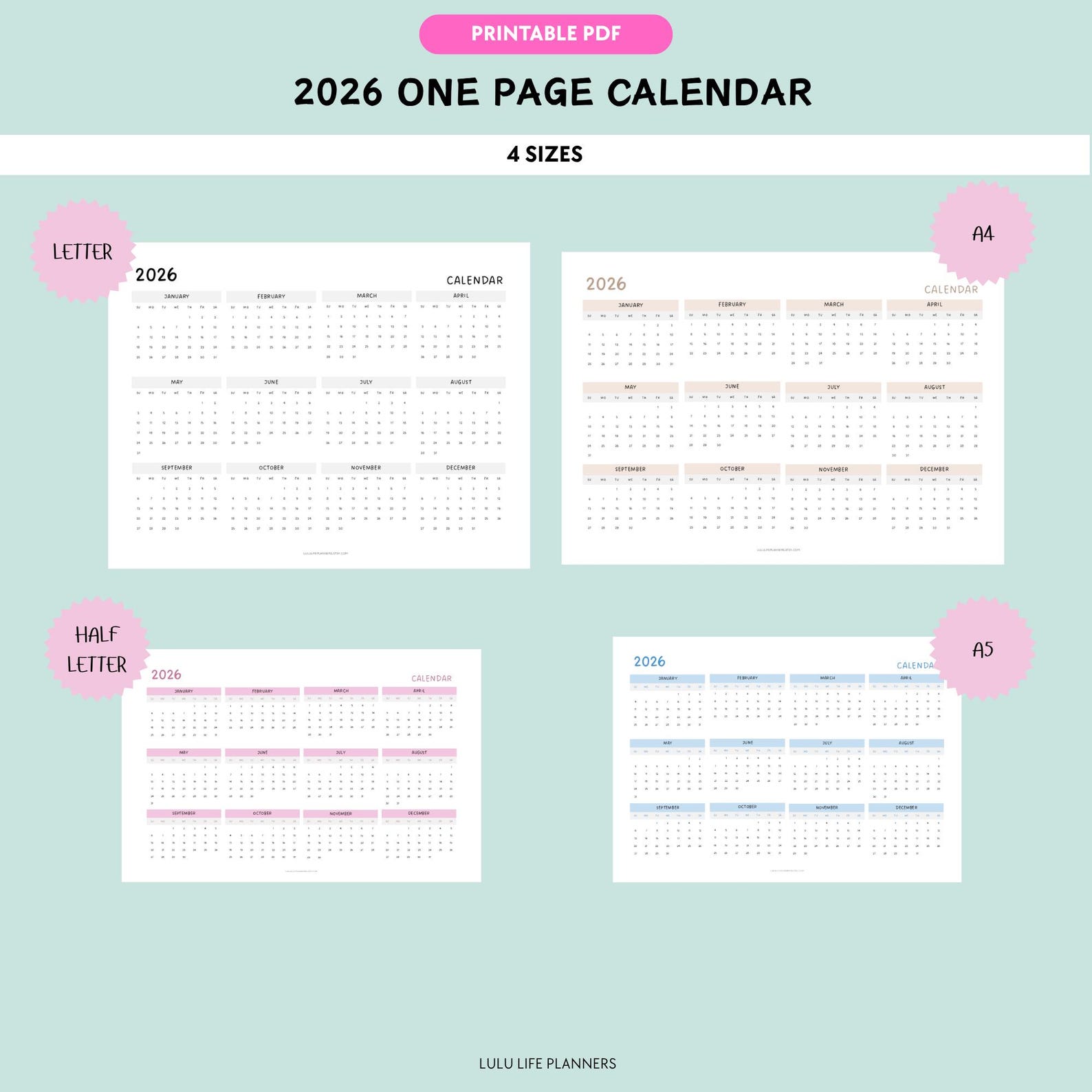 2026 One Page Calendar, Printable PDF, Year at a Glance, 7 Colors ...