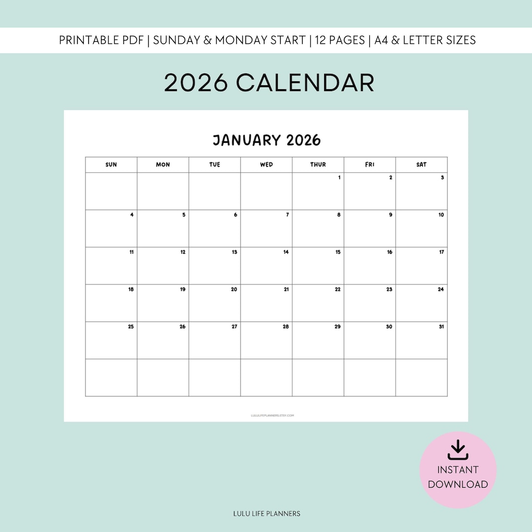 2026 Calendar Printable, Monthly Planner, Sunday and Monday Start, A4 ...