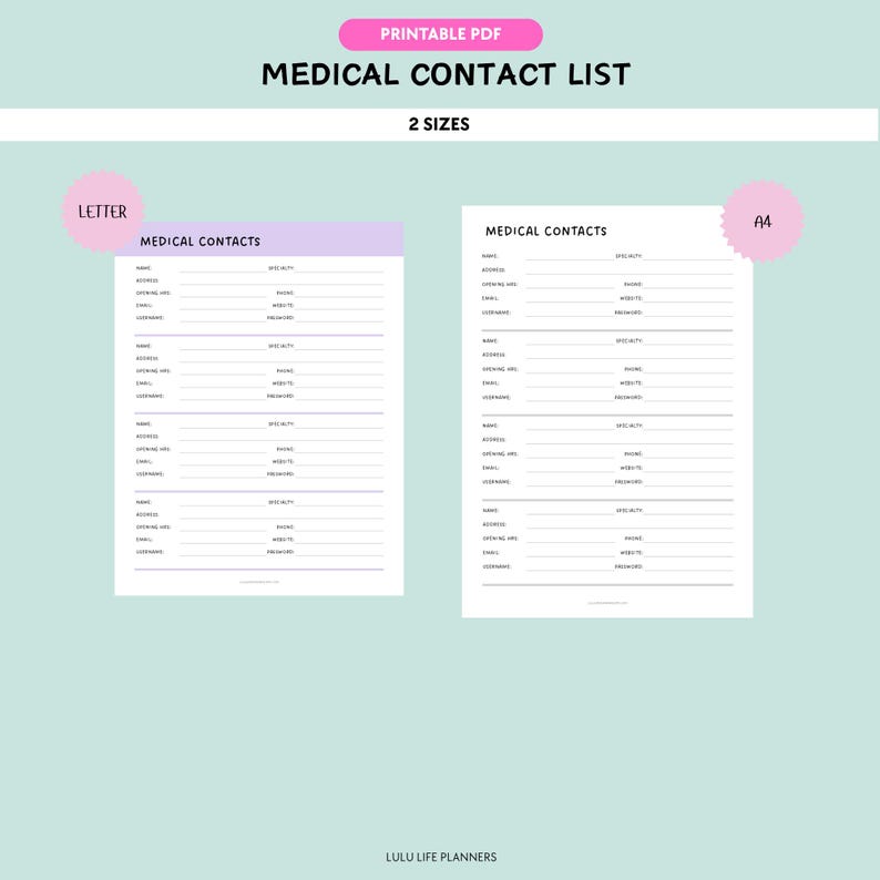 Medical Contacts List Printable Template, Healthcare Contacts, Doctor ...