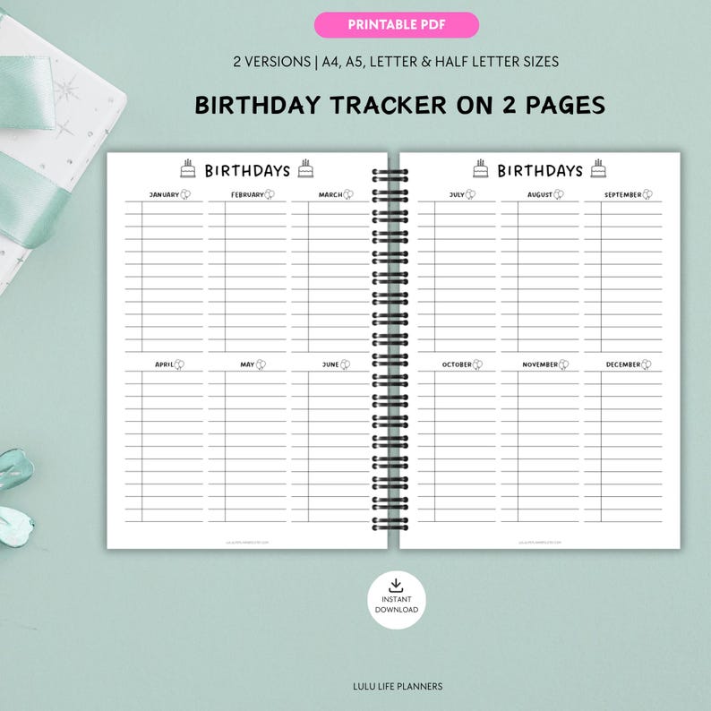 Birthday Tracker Printable PDF Template, Birthday Calendar on 2 Pages ...