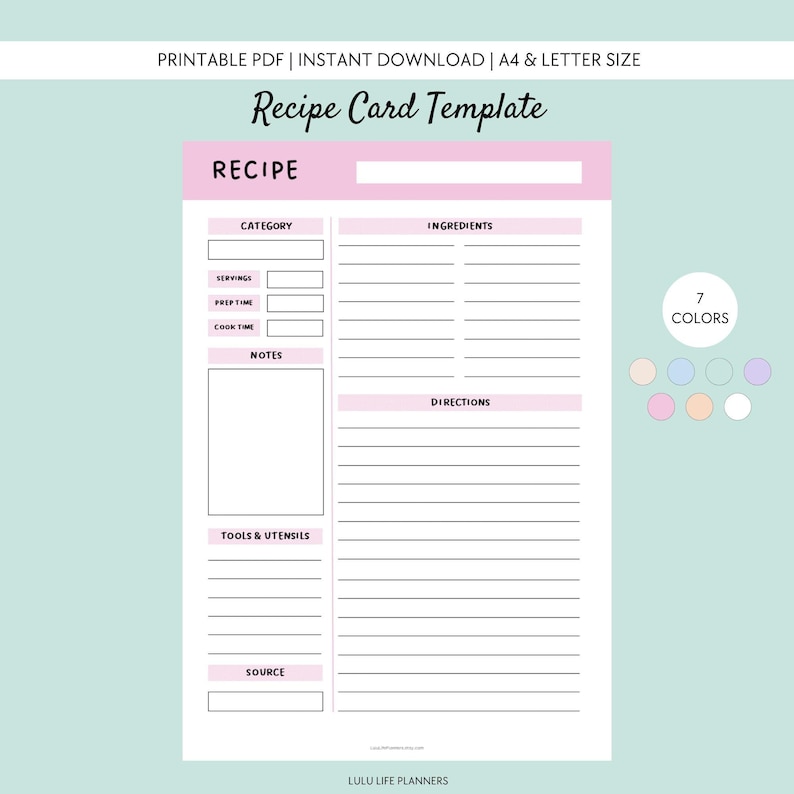 Printable Recipe Template, Recipe Card, Blank Recipe Page, Recipe Book ...